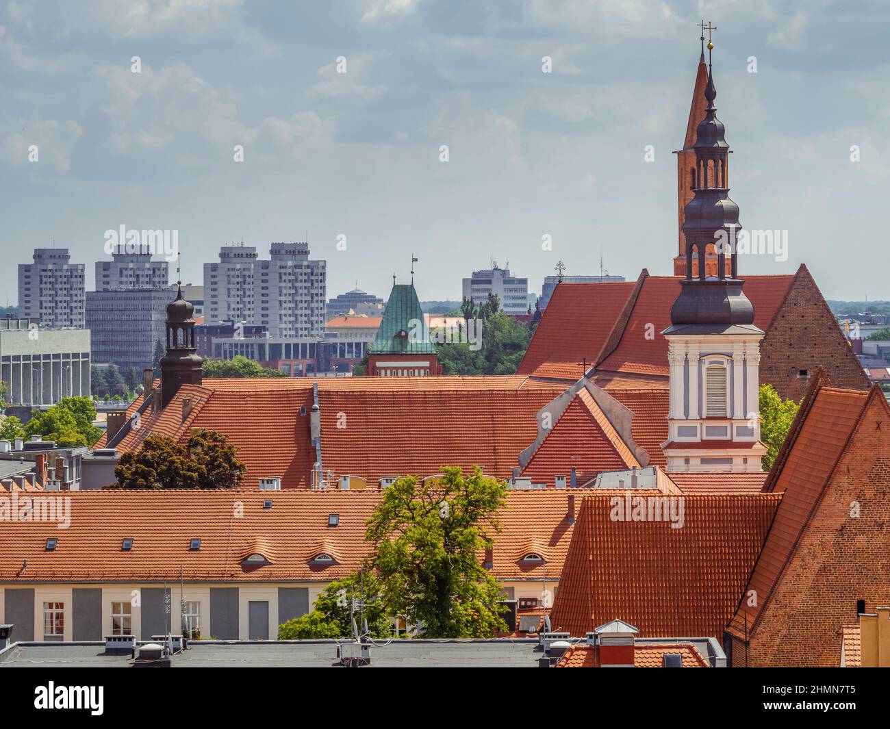 view from above on orange tiled rooftops of old medieval buildings of ...