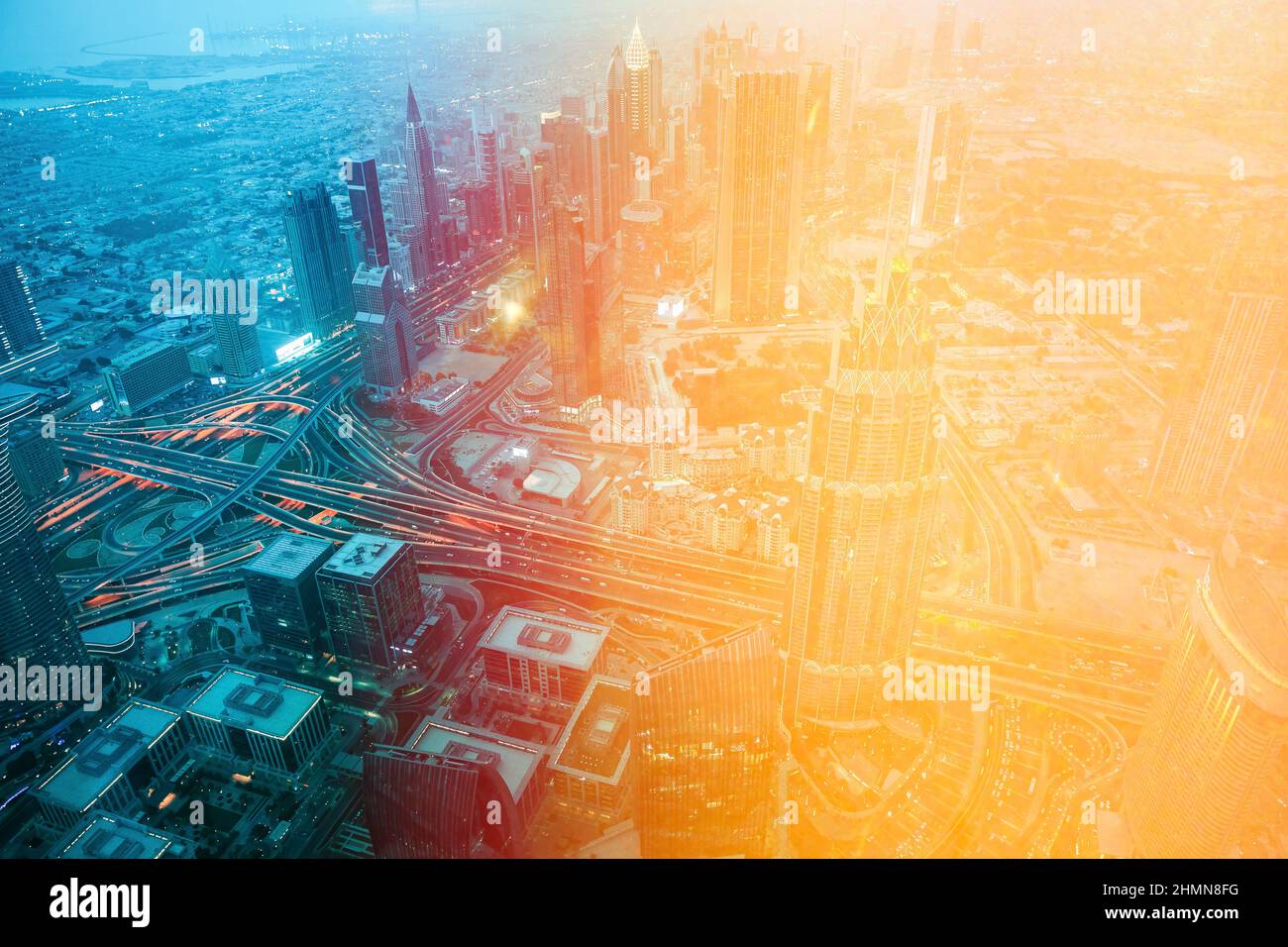 Aerial view of evening night scenic view of skyscraper. Street night ...