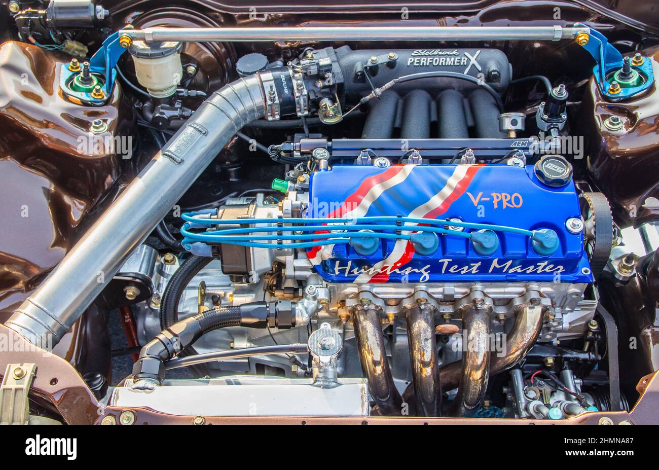 an engine block of a tuning car during a show automobile exhibition ...