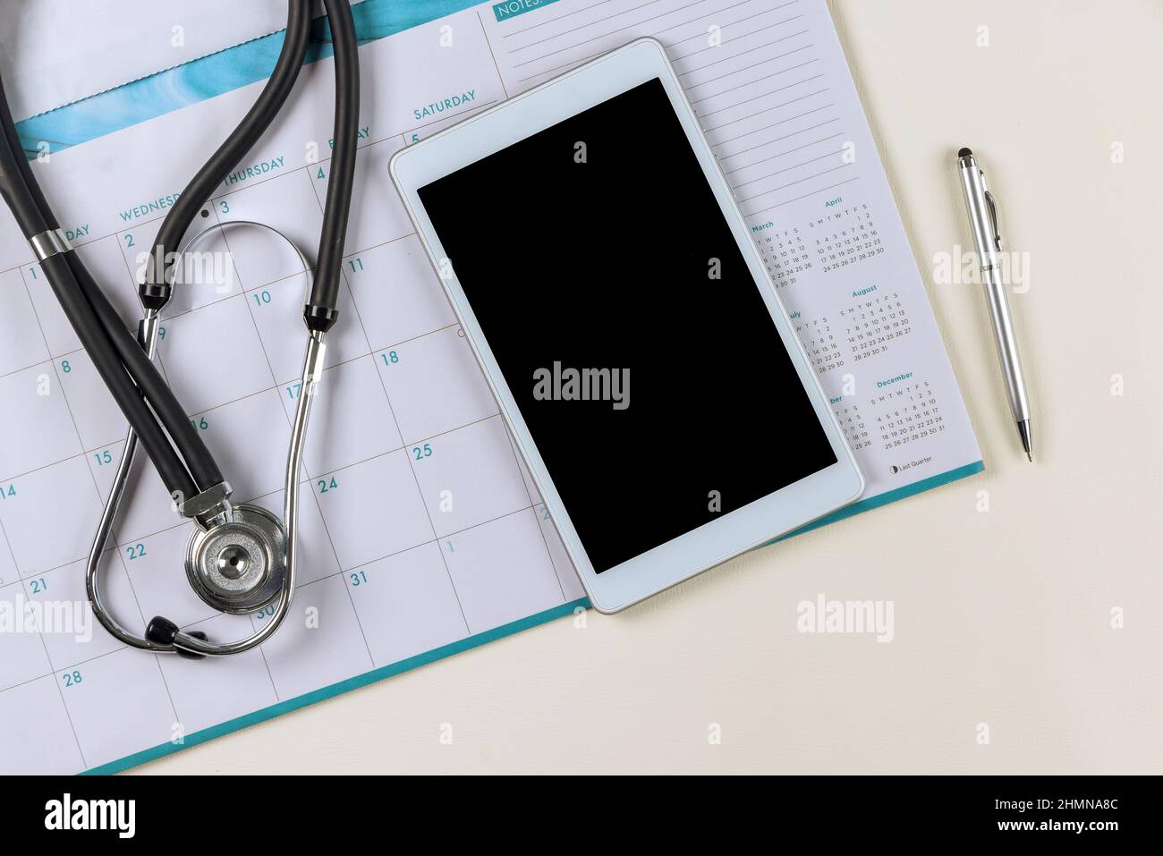 Physician doctor office desk with stethoscope, medical clipboard ...