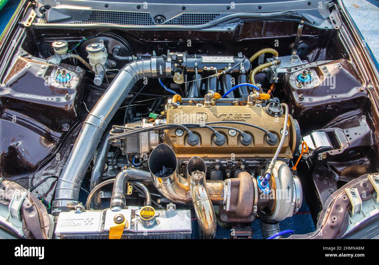 an engine block of a tuning car during a show automobile exhibition ...