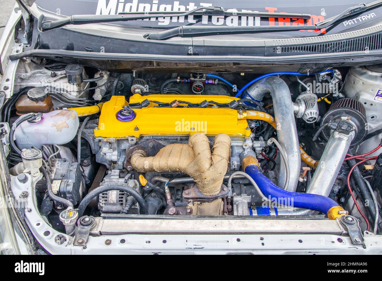 an engine block of a tuning car during a show automobile exhibition ...