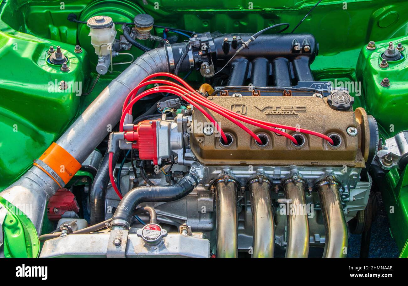 an engine block of a tuning car during a show automobile exhibition ...