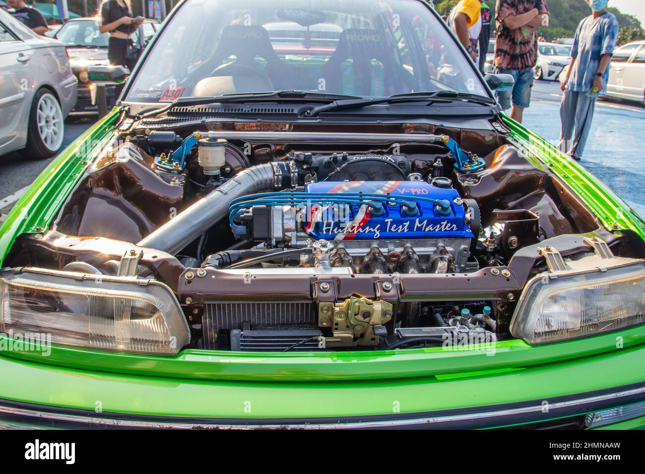 an engine block of a tuning car during a show automobile exhibition ...