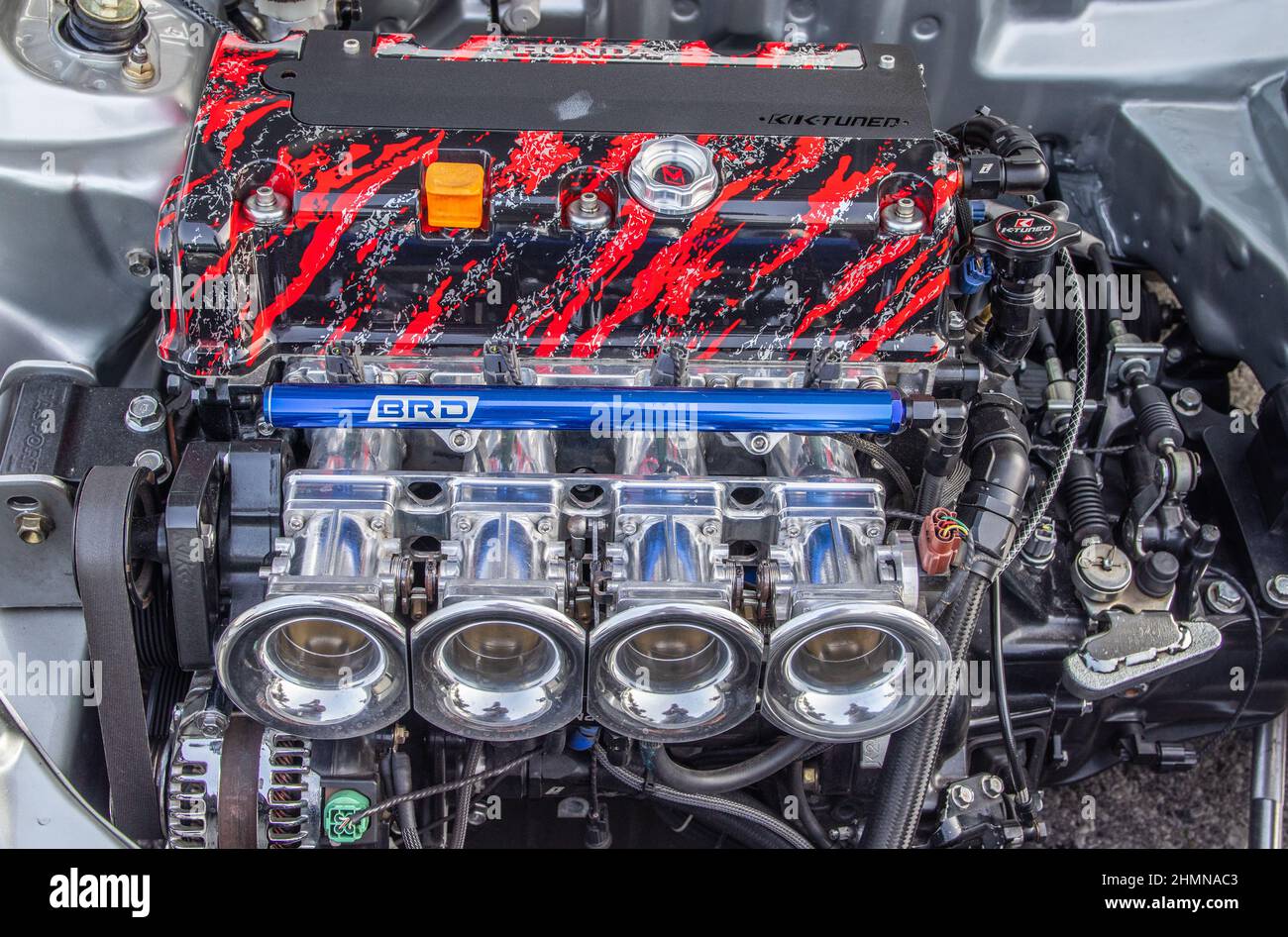 an engine block of a tuning car during a show automobile exhibition ...