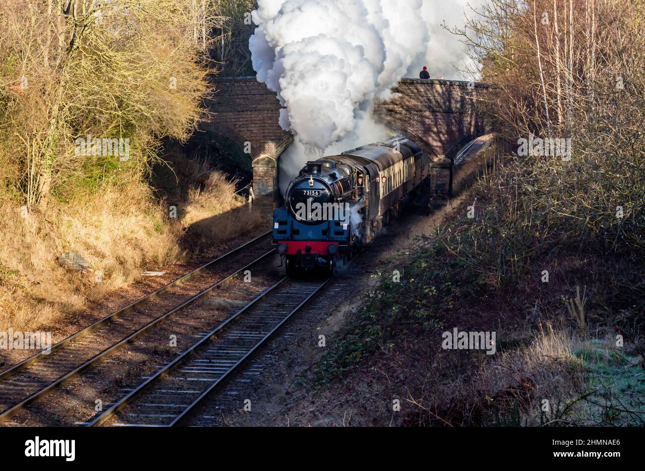 BR Standard steam locomotive Class 5 73156 hauling a passenger train ...