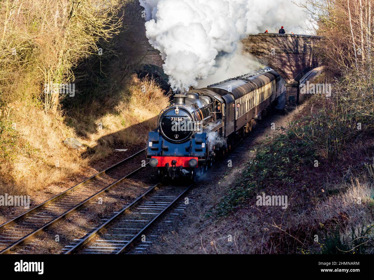 BR Standard steam locomotive Class 5 73156 hauling a passenger train ...