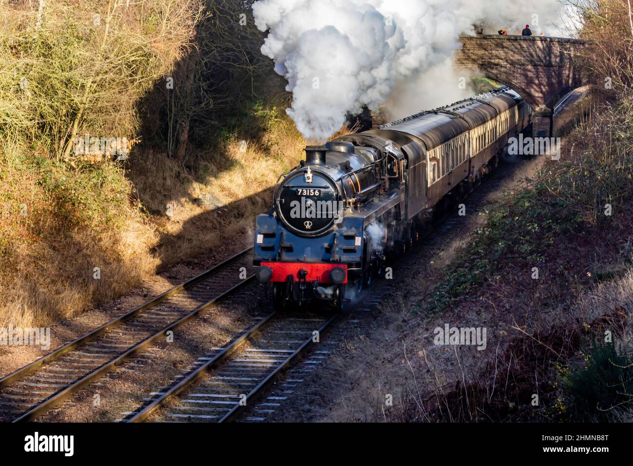 BR Standard steam locomotive Class 5 73156 hauling a passenger train ...