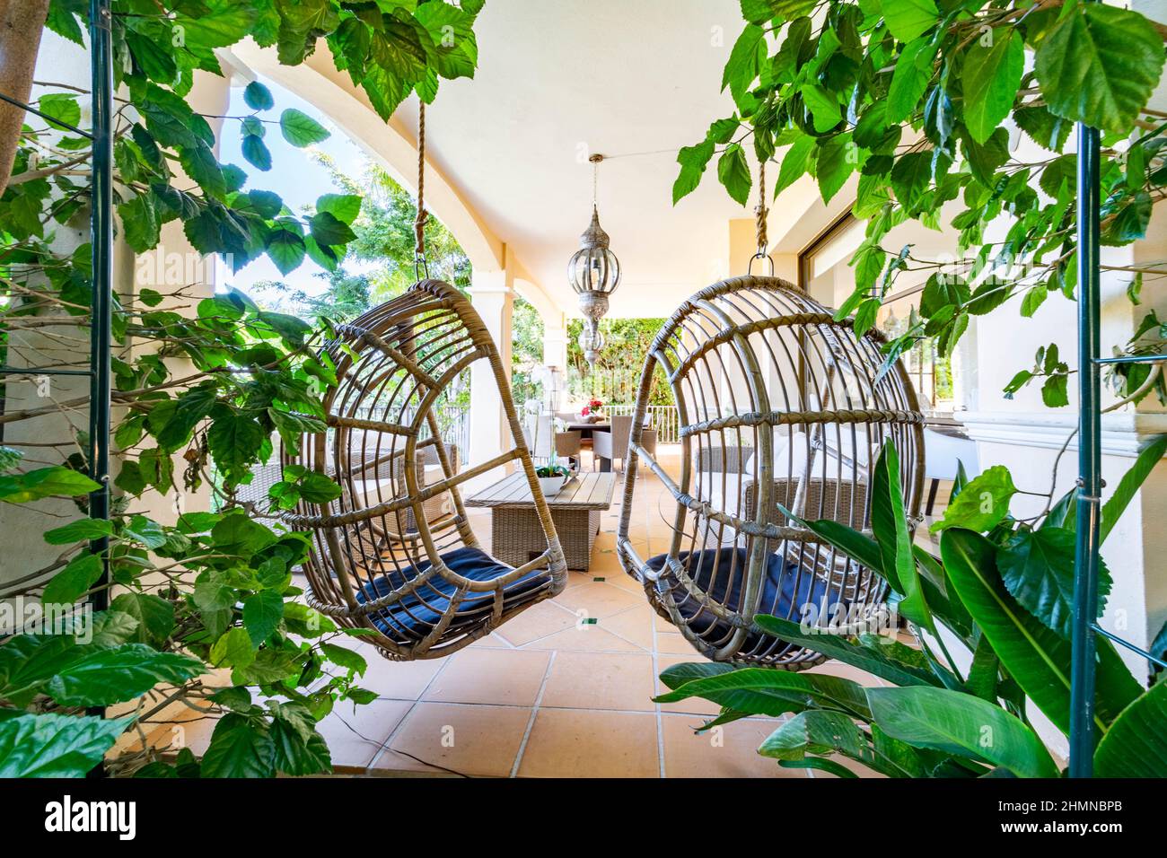 a image of a pair of hanging chairs on the garden terrace of a villa ...