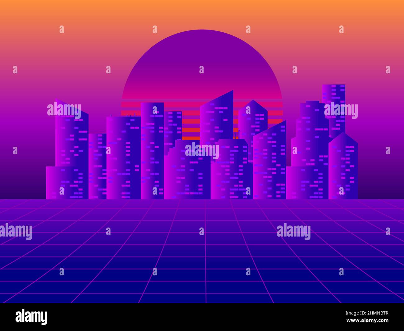 Sci-Fi city with retro sunset 80s. Cityscape with virtual reality grid ...