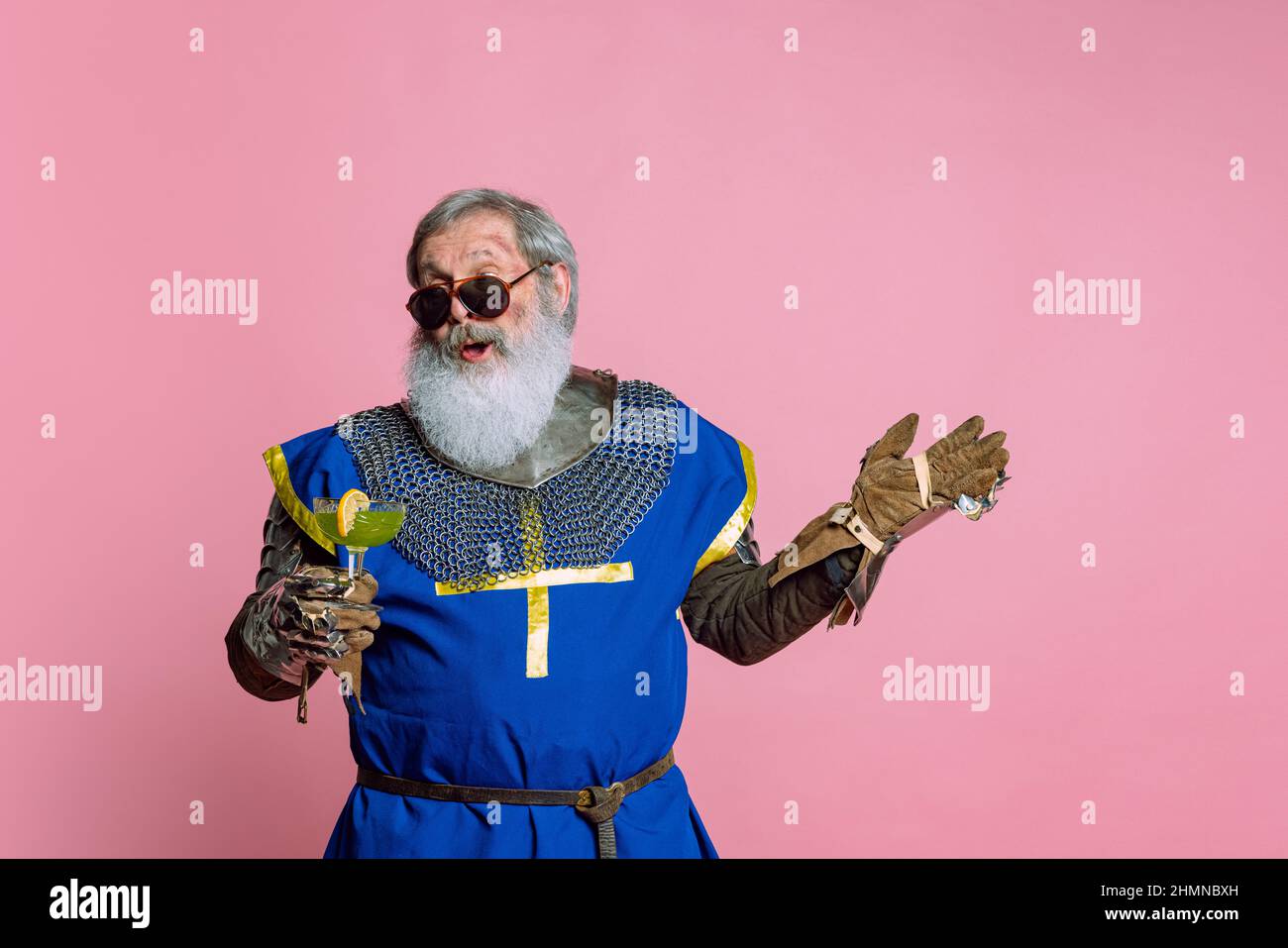 Portrait of senior grey bearded man, brave medieval warrior or knight ...