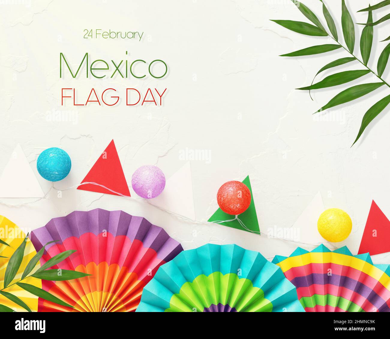 Mexico flag day. Congratulation holiday card with paper fans, garlands ...