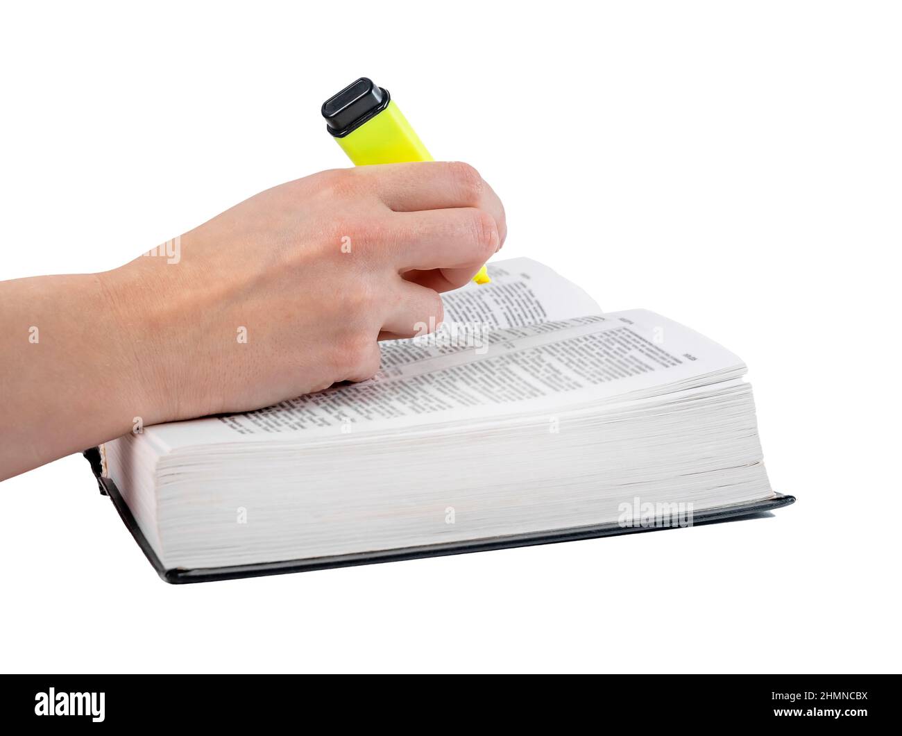 Book highlight. Hand underlining important text in book isolated on ...