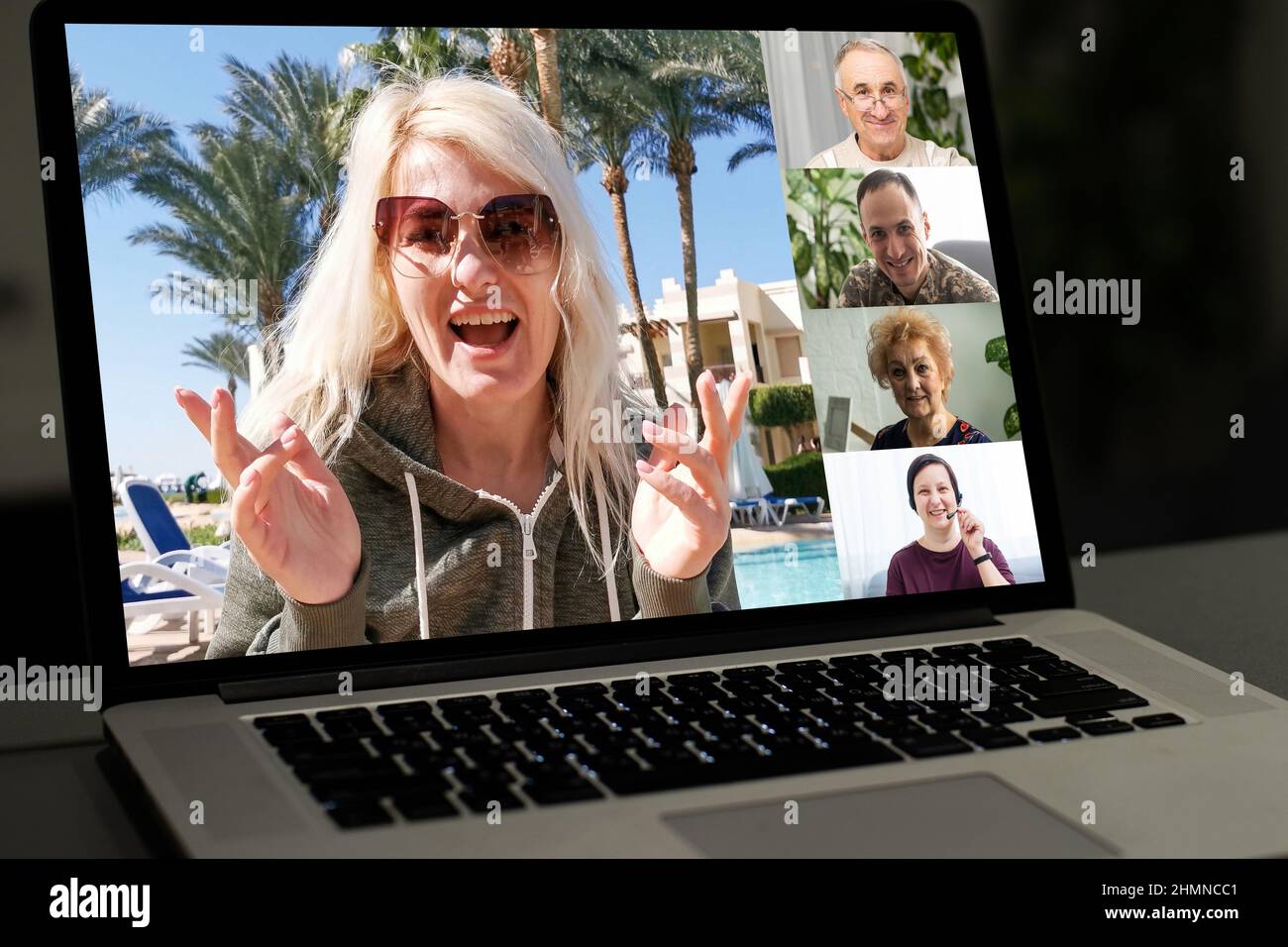 online conversation on laptop and virtual video conference meeting ...