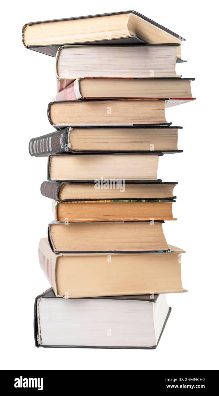 High books stack isolated on white background. Education and reading ...