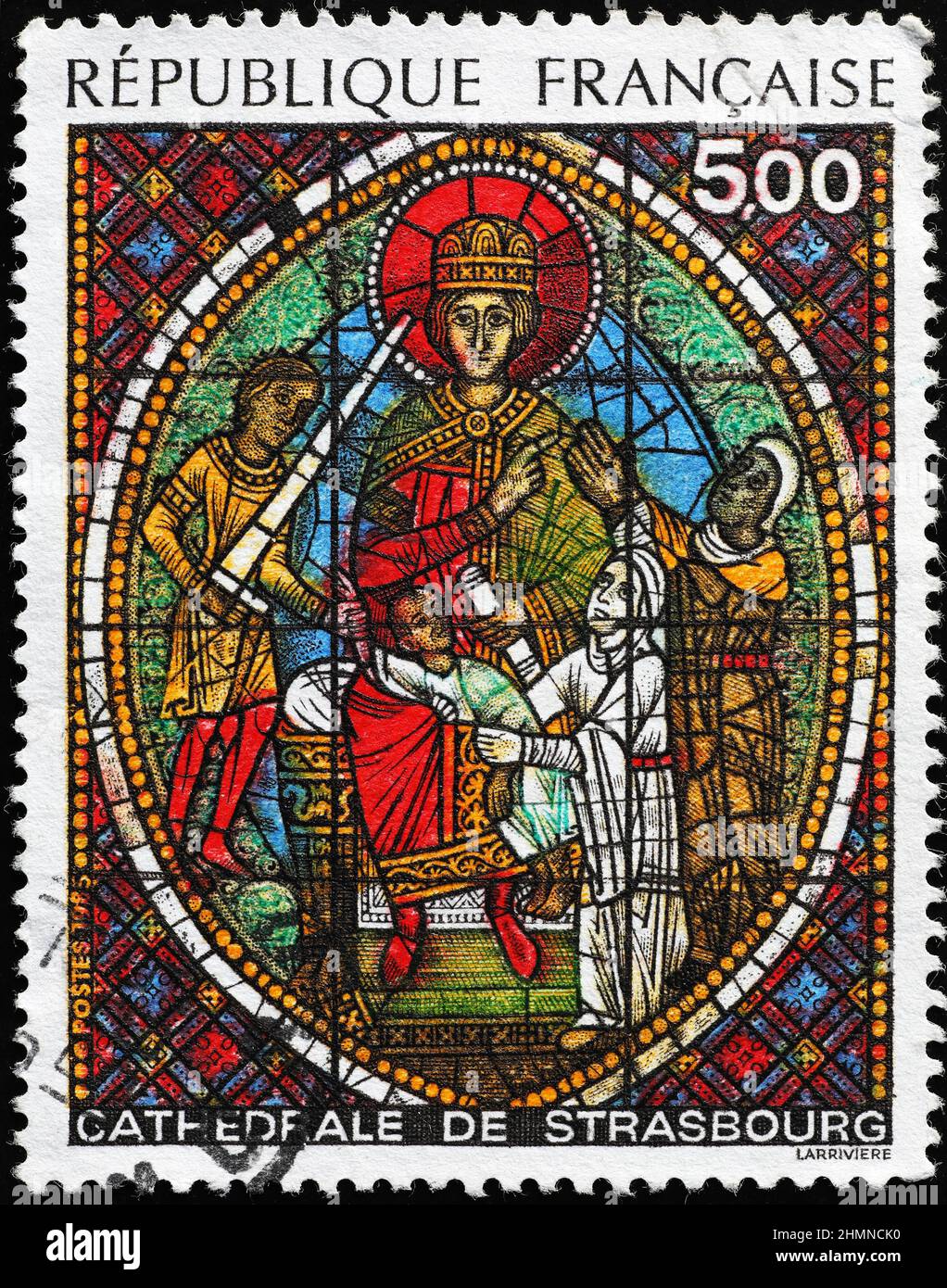 Ancient stained glass window from Strasbourg cathedral on stamp Stock ...