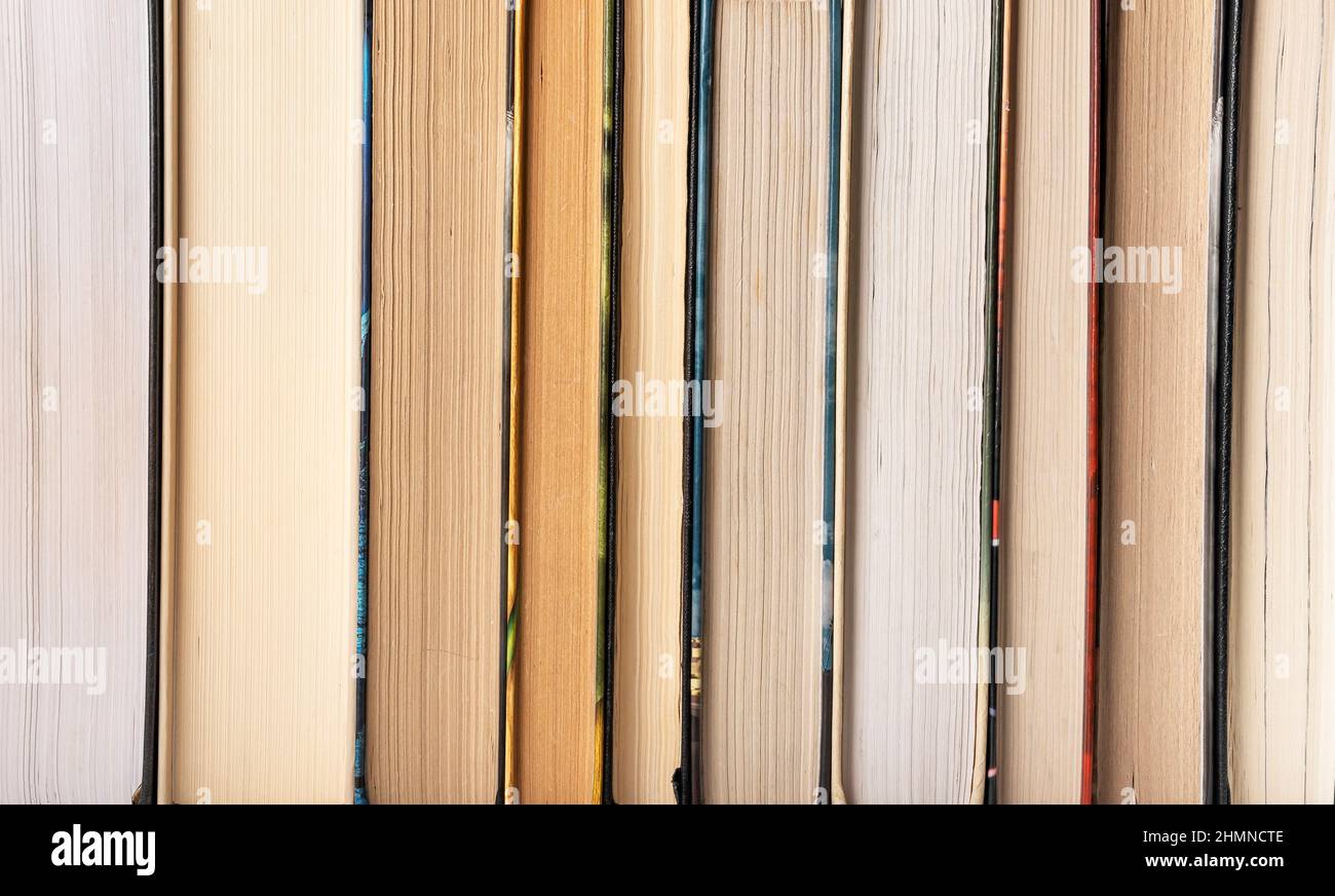Books row. Education and reading concept. Books heap at library ...