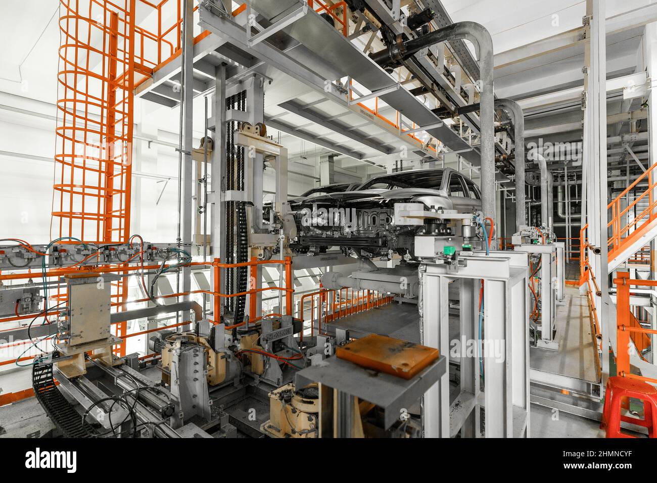 Automobile production line. Welding car body. Modern car assembly plant ...