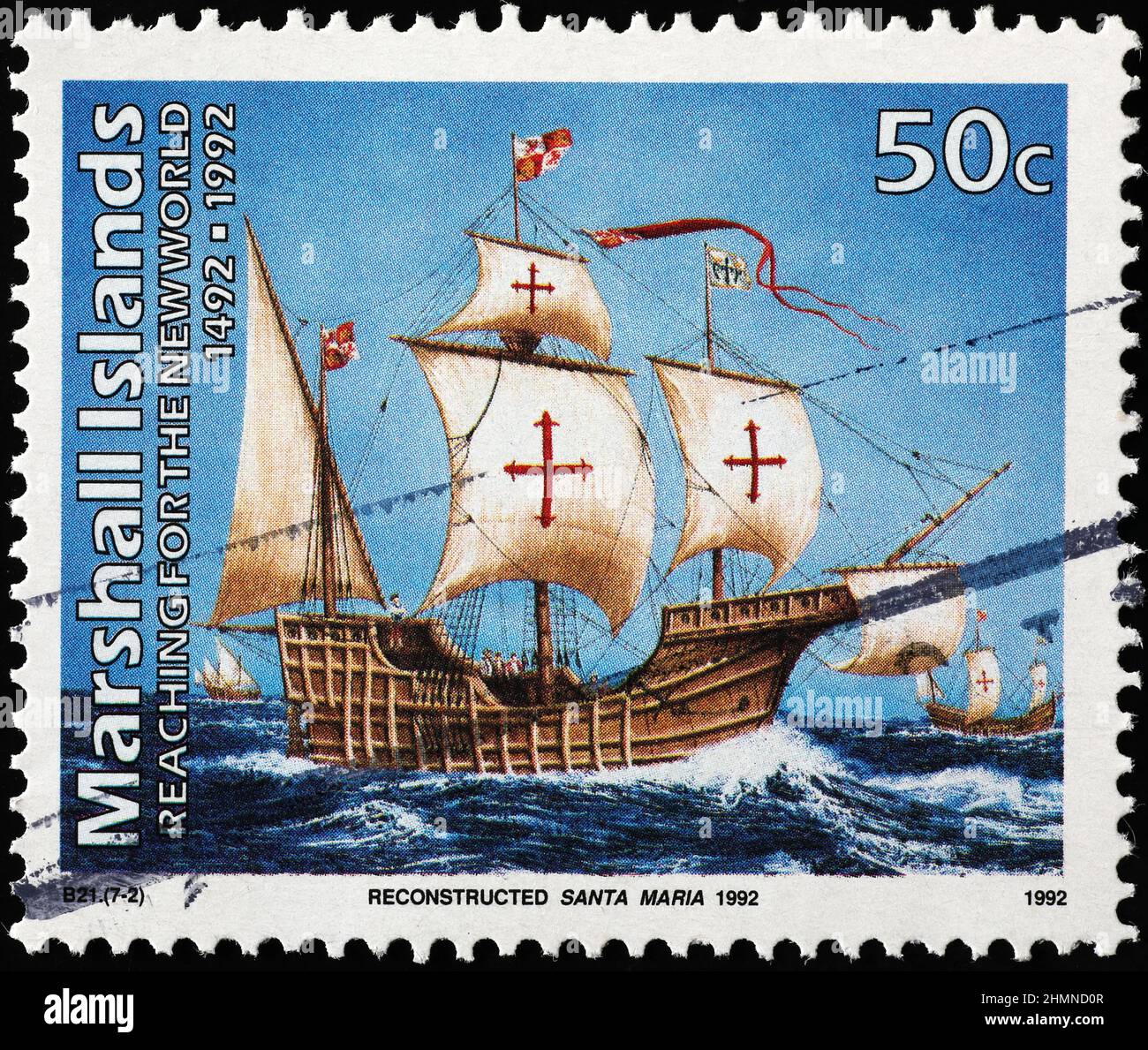Caravel Santa Maria of Columbus on postage stamp Stock Photo - Alamy