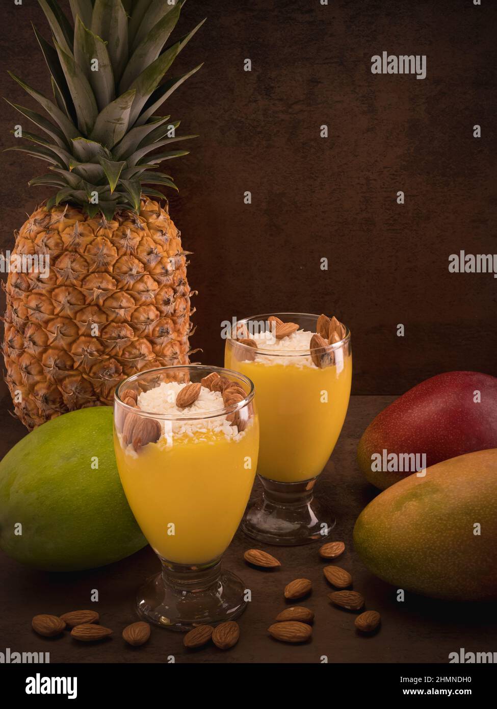 The photo shows a healthy food mango dessert. In addition, several ...