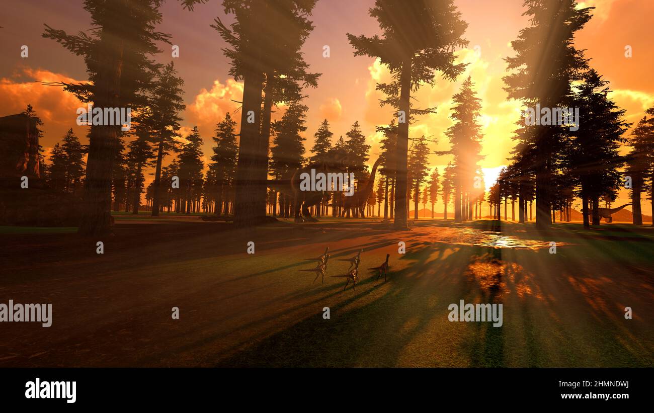 Dinosaurs During Jurassic Period In Forest While Sunrise Extremely Detailed And Realistic 3d
