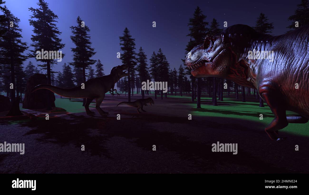 Dinosaurs during Jurassic period in forest while sunrise. Extremely ...