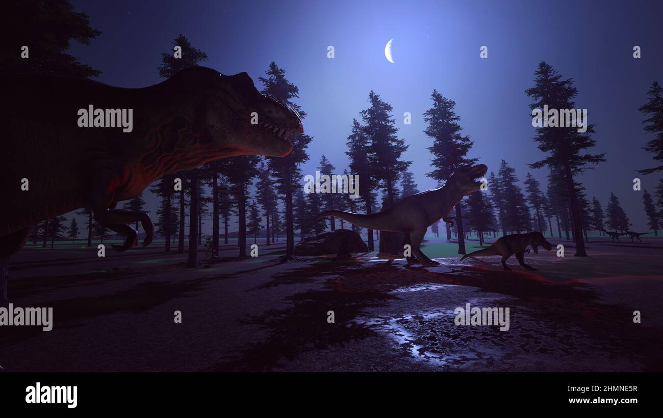 Dinosaurs during Jurassic period in forest while sunrise. Extremely ...