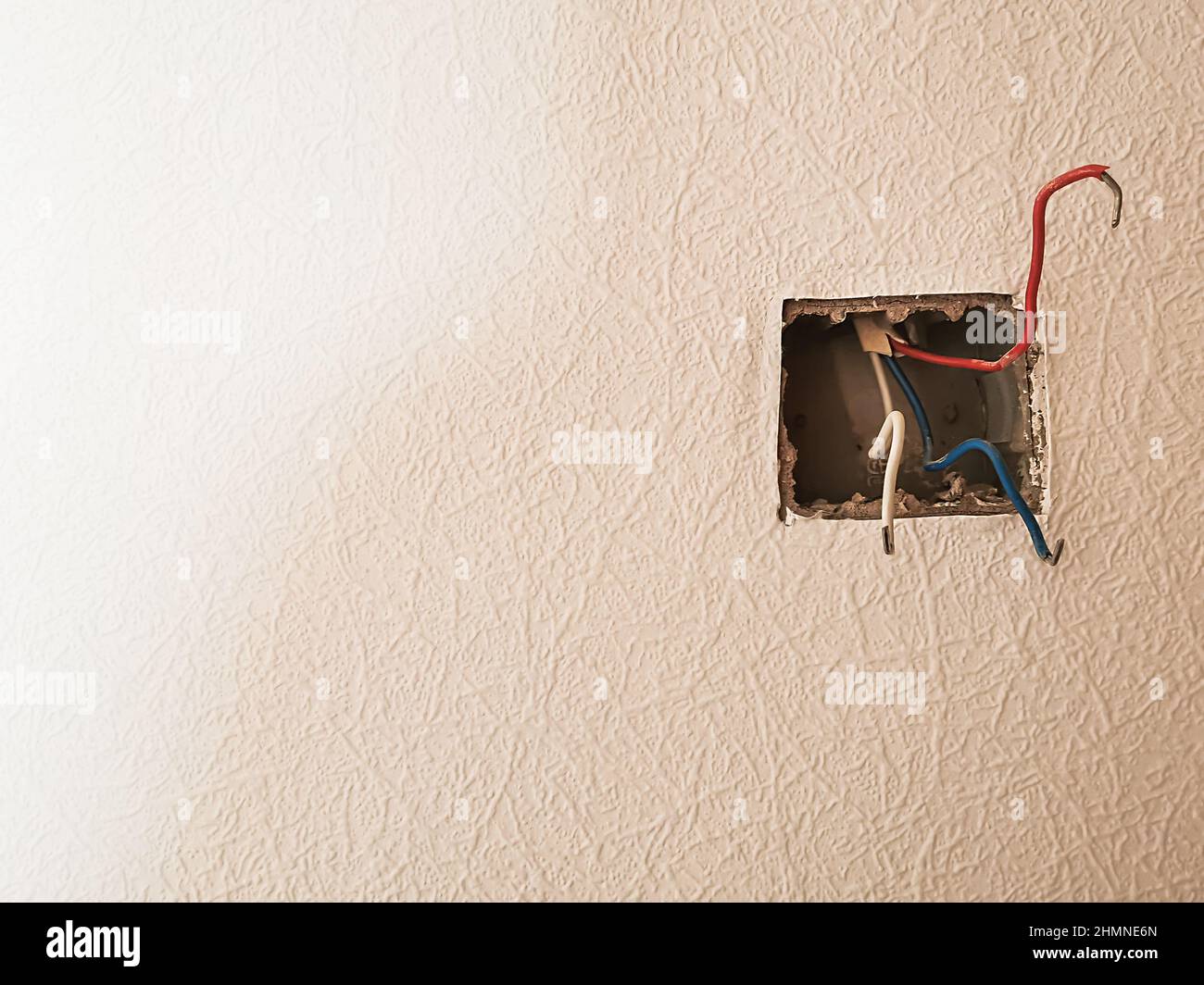 Electrical wiring repair concept.Electric socket with wires. Horizontal ...