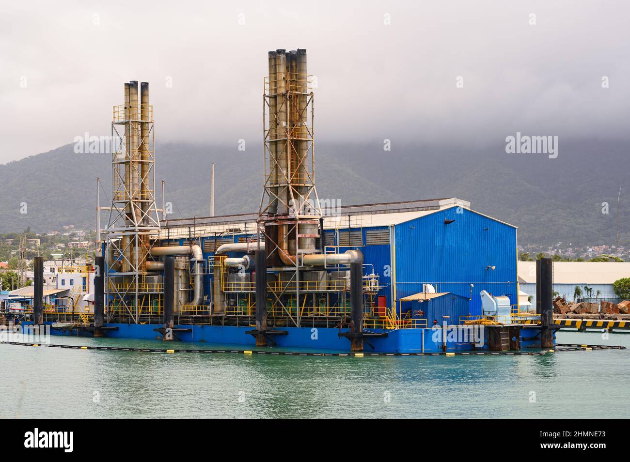 Diesel power plant on water. Powerline function of diesel. Generation ...