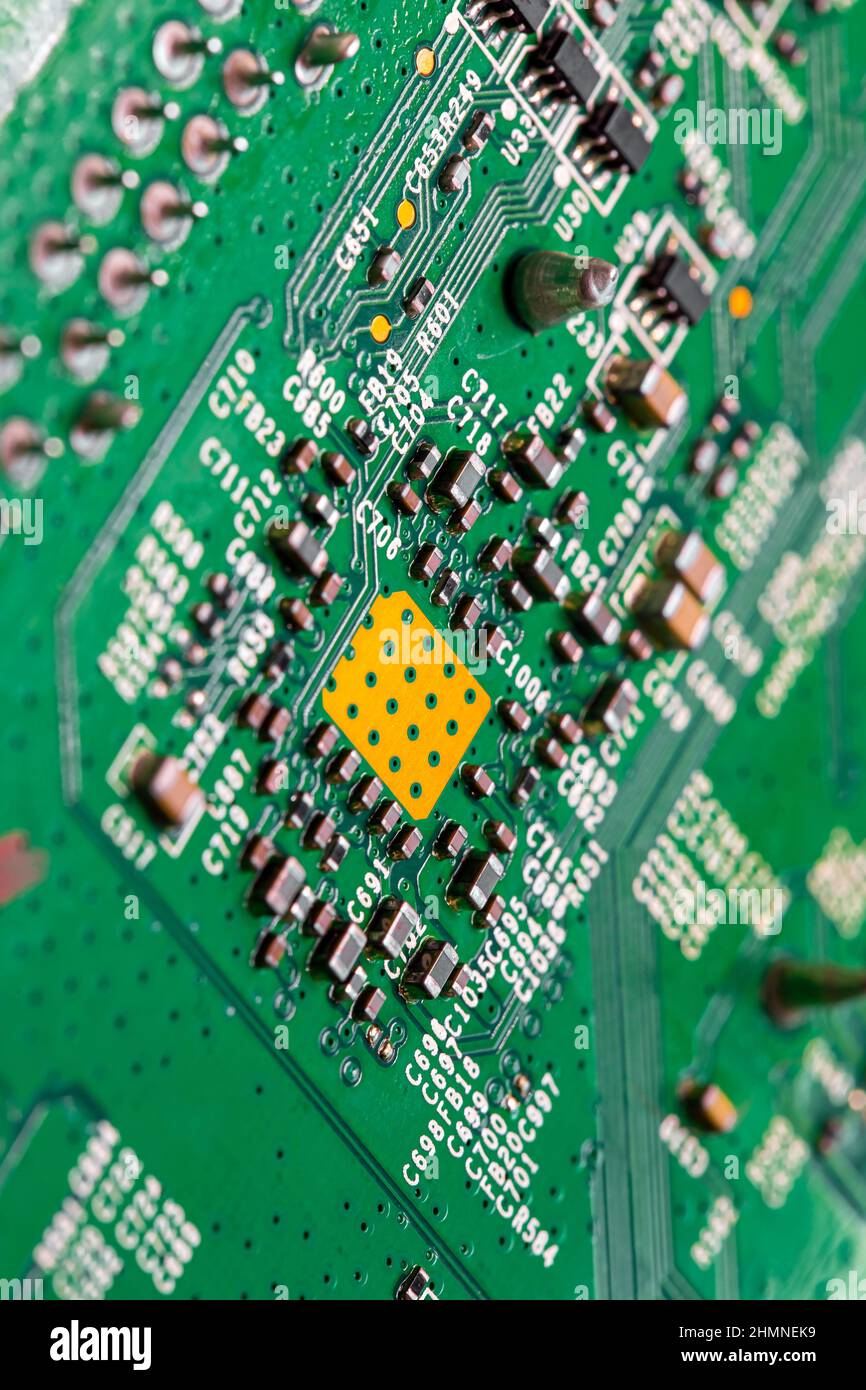 Macro Close up of printed wiring on PC circuit board of modem router ...
