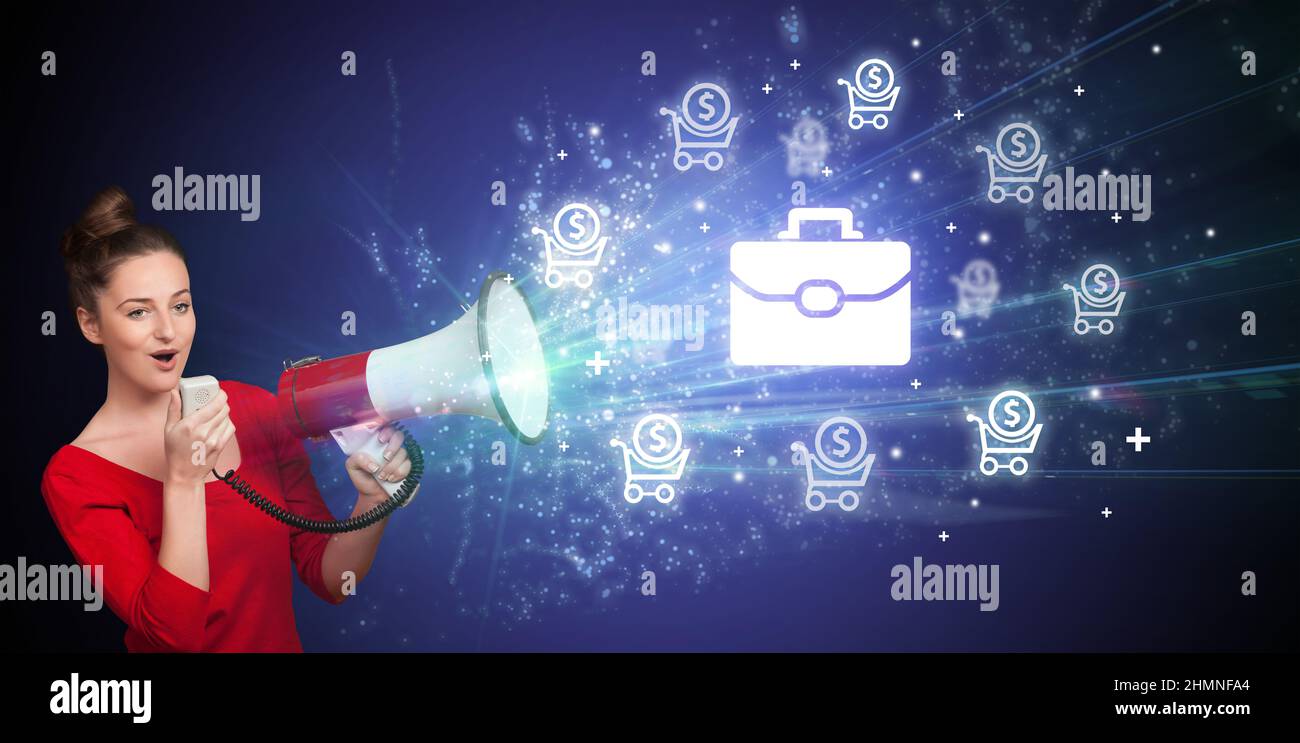 Young person with megaphone and business icon Stock Photo - Alamy