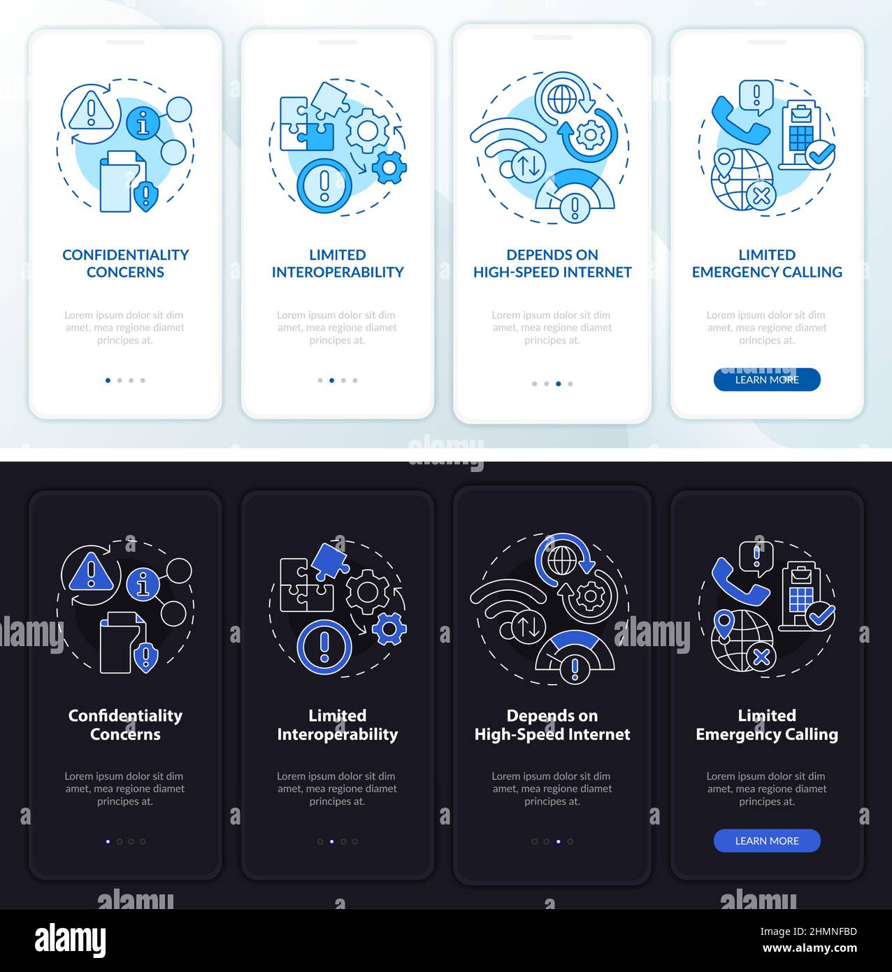 UCaaS risks night and day mode onboarding mobile app screen Stock ...