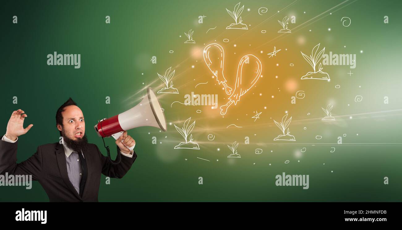 Young person with megaphone and healthy food icon Stock Photo - Alamy