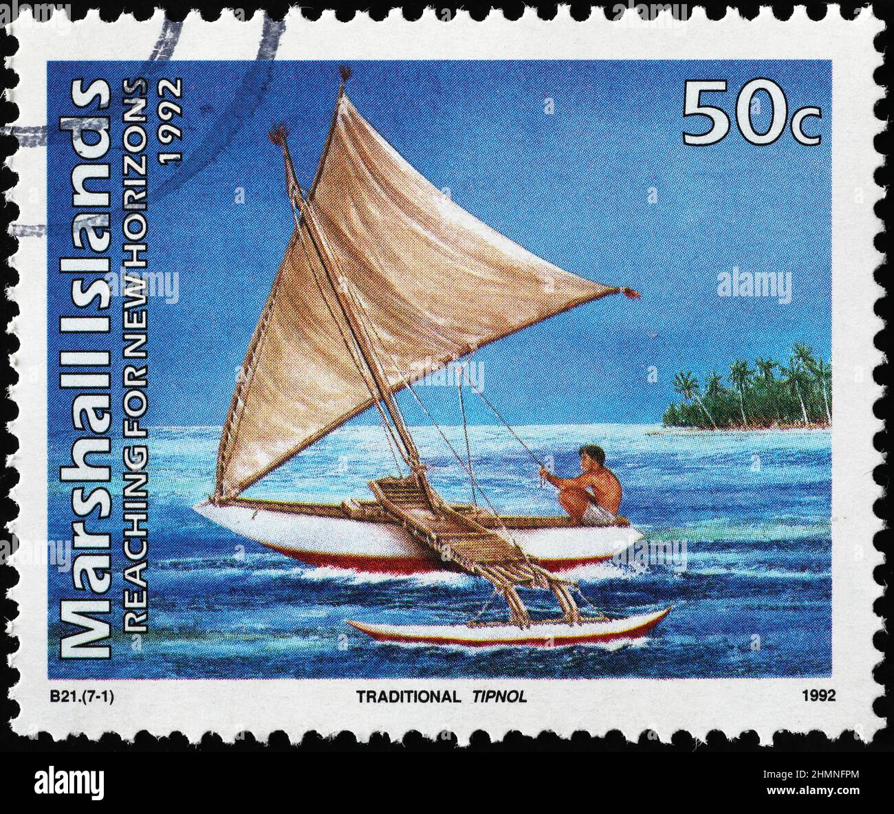 Traditional polynesian sailing boat on postage stamp Stock Photo - Alamy