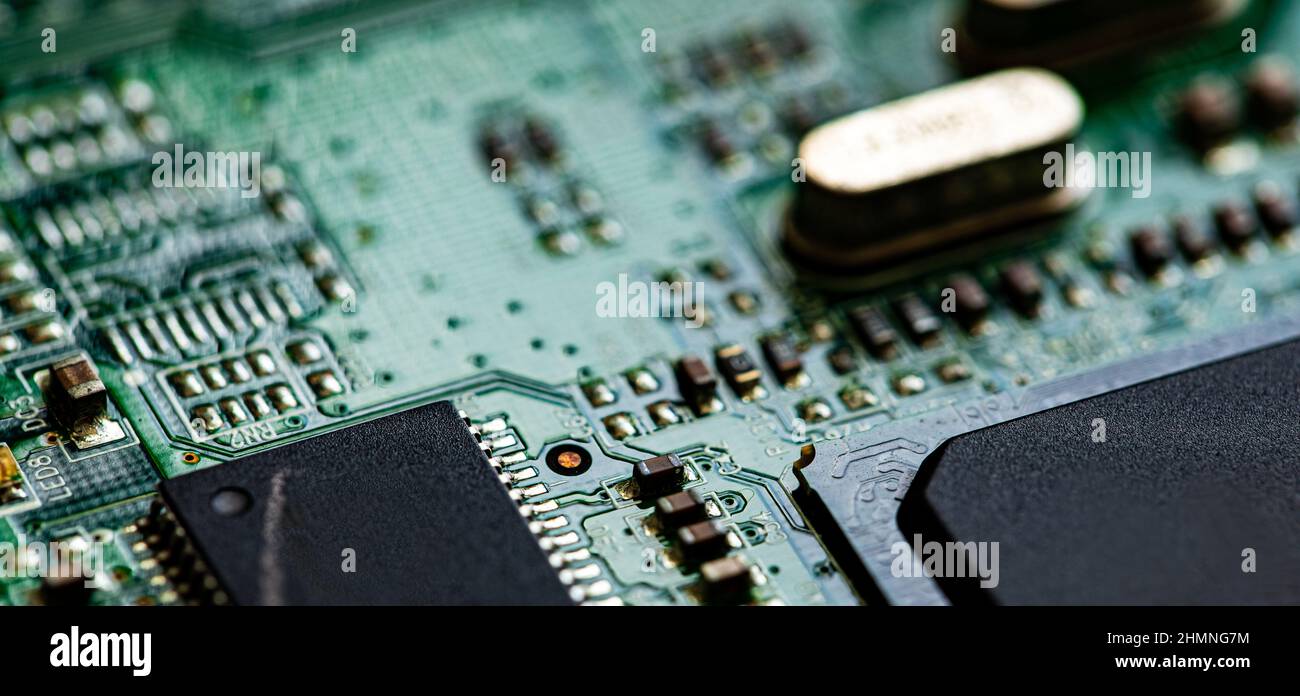 Macro Close up of components and microchips on PC circuit board of ...