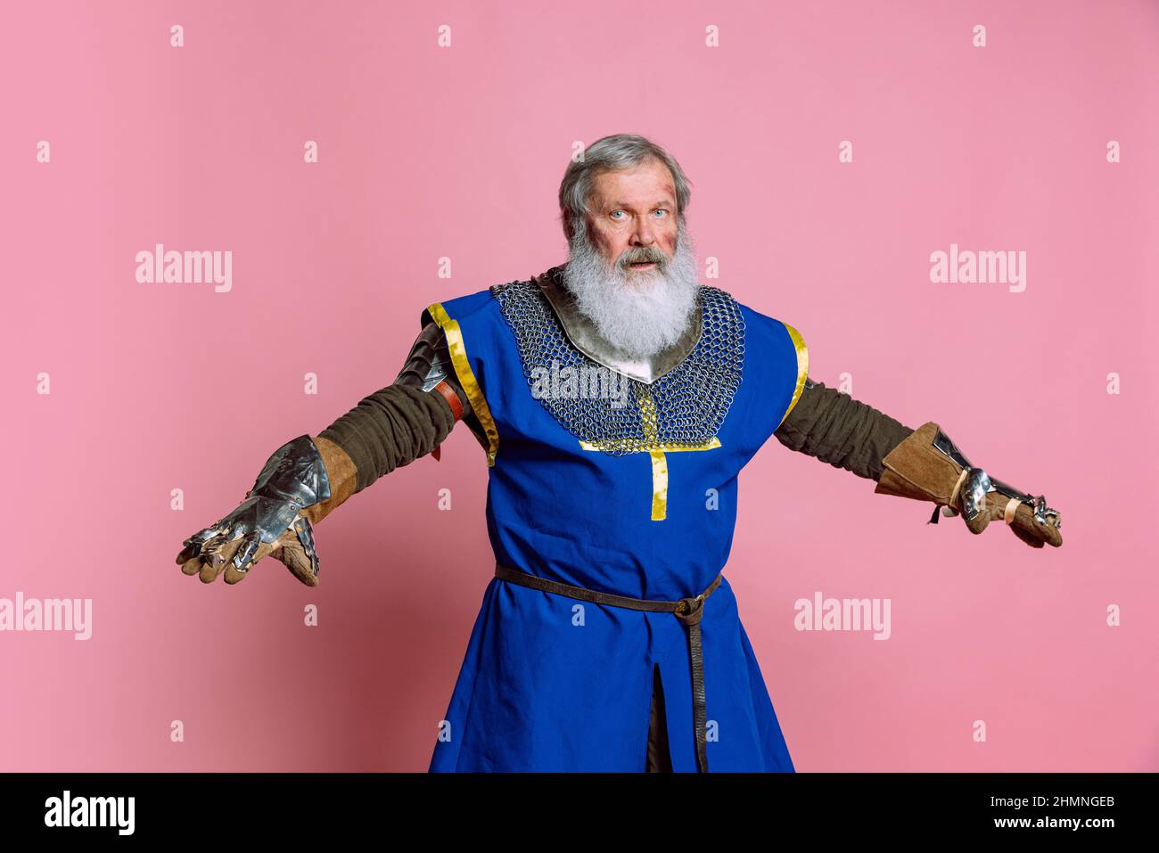 Portrait of senior grey bearded man, brave medieval warrior or knight ...