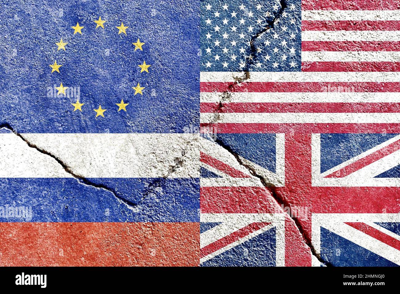 EU vs USA vs Russia vs UK national flags icon isolated on broken ...