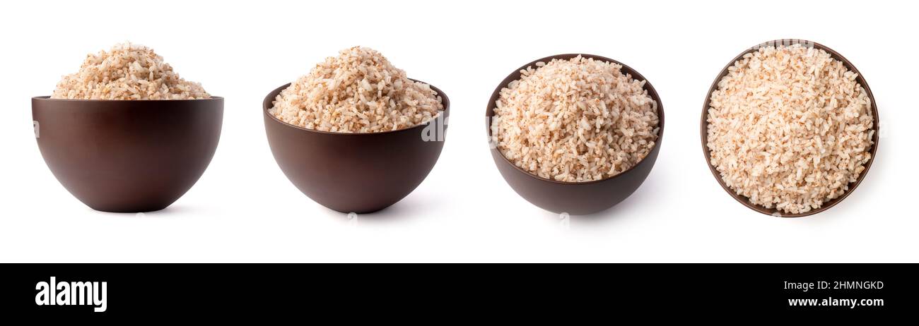 bowl of cooked whole grain brown rice in different angles, isolated on ...
