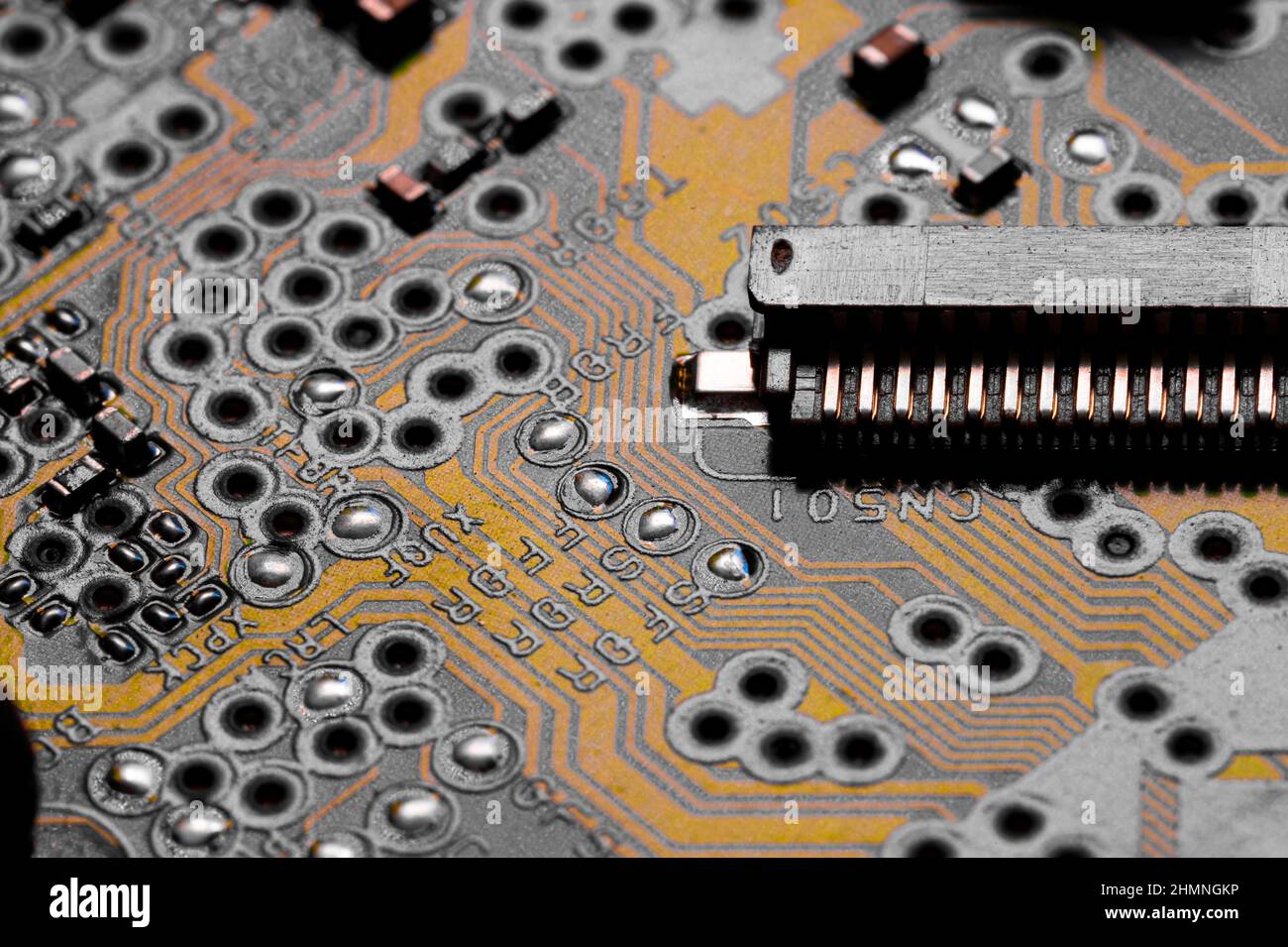 Macro Close up of printed wiring and components on PC circuit board ...
