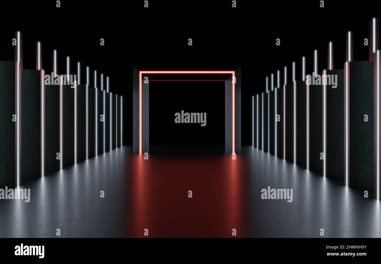 dark futuristic environment with laser led lights and red gate 3d ...