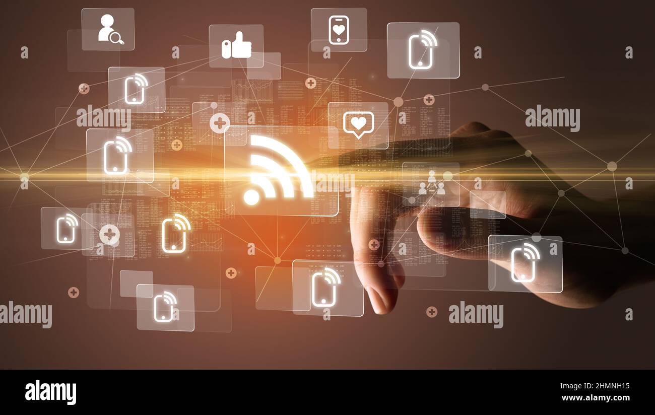 Hand pressing social media multimedia application screen with media ...