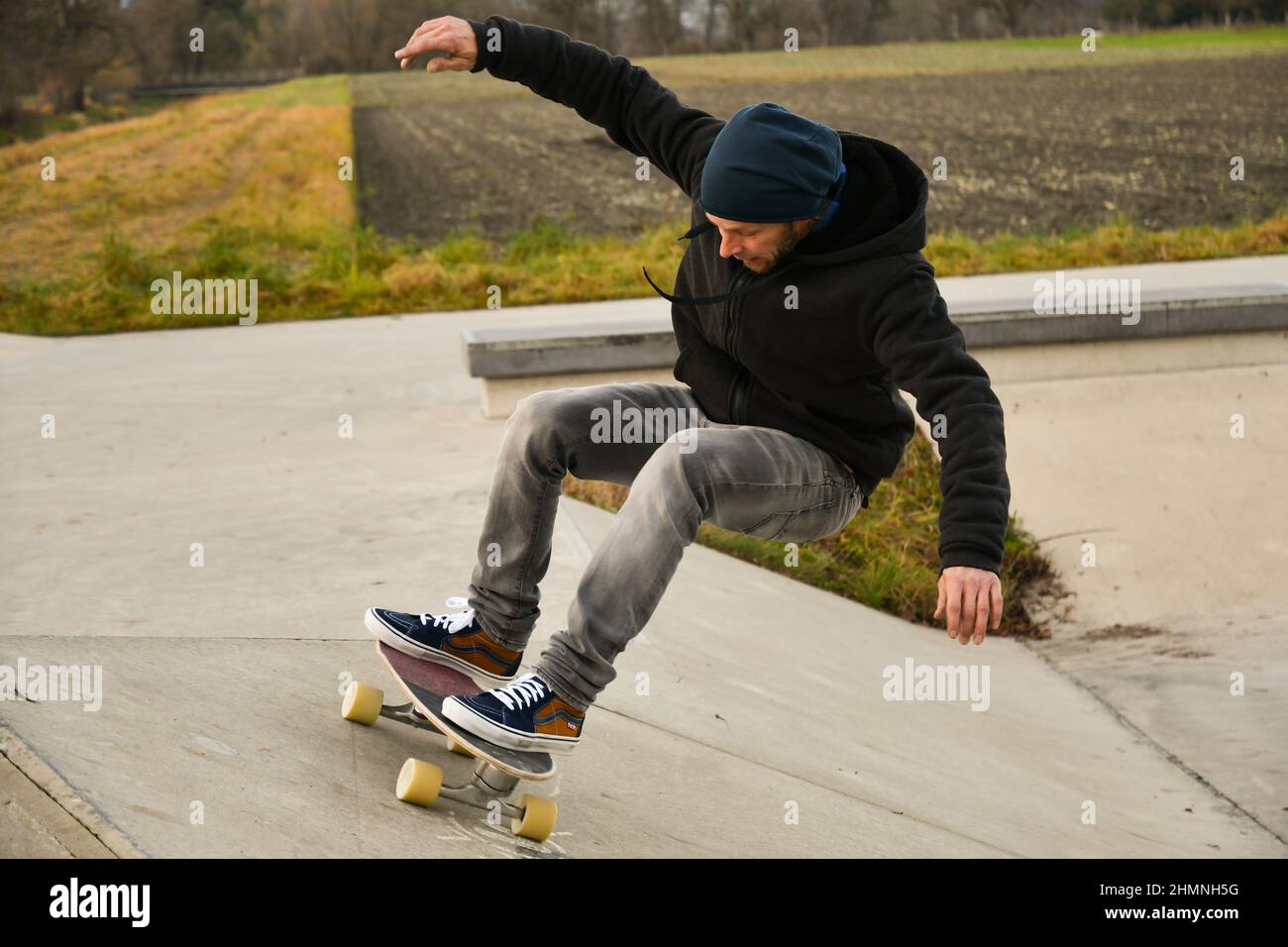 Vaduz, Liechtenstein, November 19, 2021 Guy on a skateboard is ...