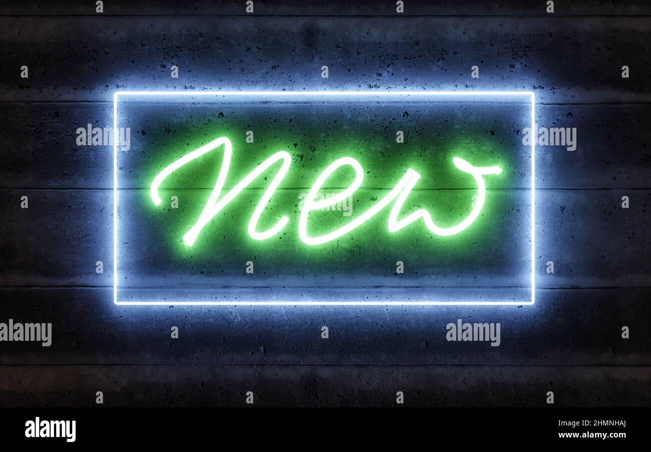 neon sign with the word new written in hand written letters on a ...