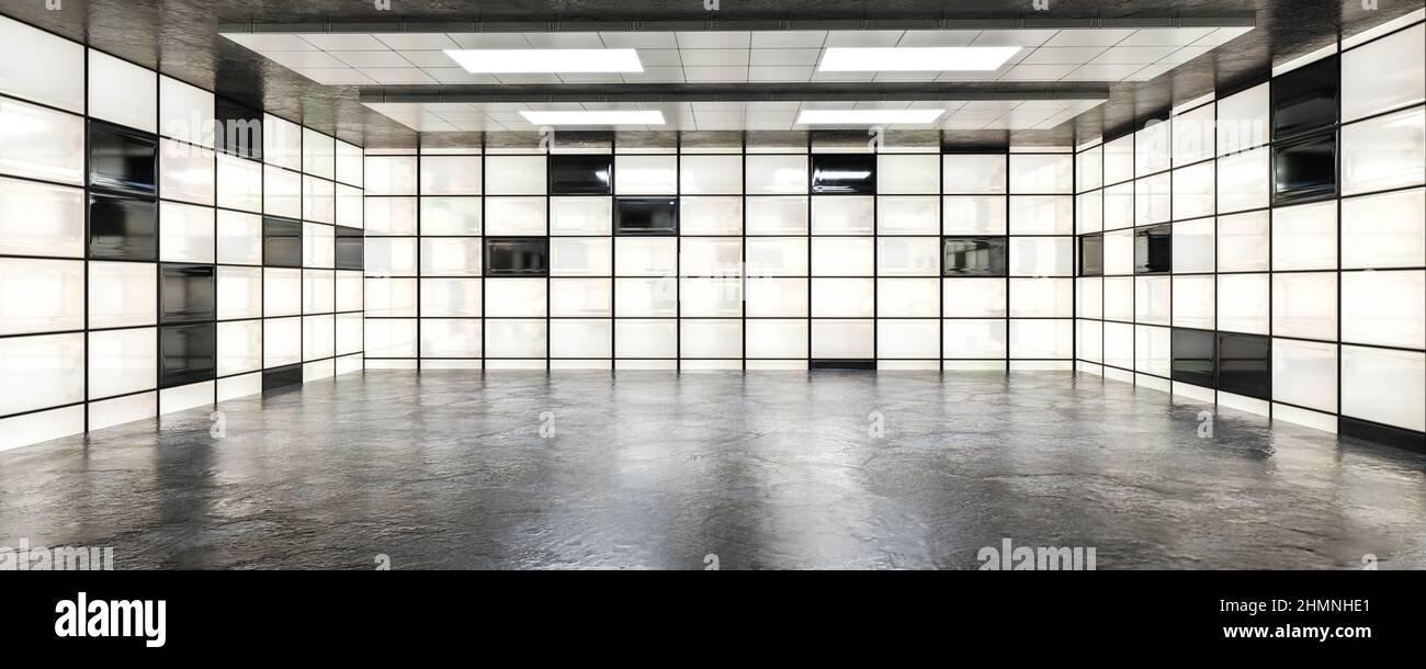 empty hall with tile pattern walls background and glossy concrete floor ...