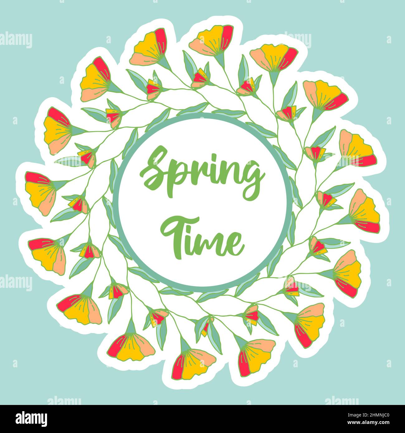 Illustration with colorful spring sticker with flowers. Floral wreath ...