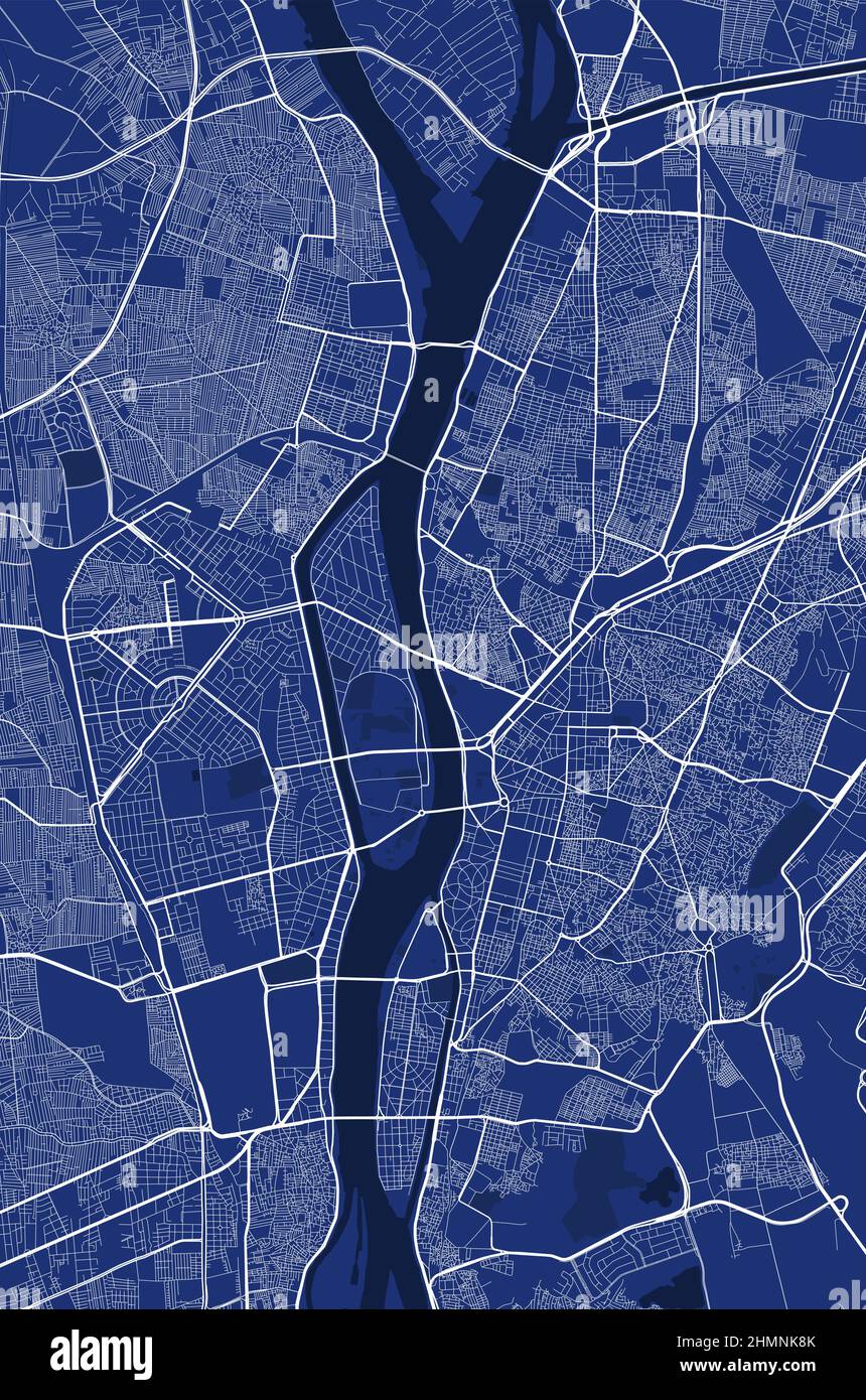 Detailed vector map poster of Cairo city administrative area. Blue ...