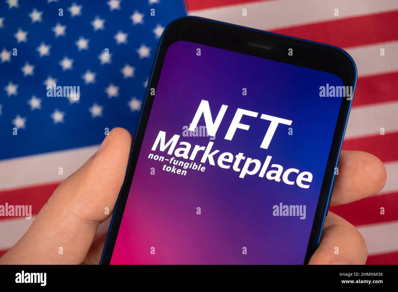 NFT marketplace in USA flag background. Non fungible token, crypto art ...