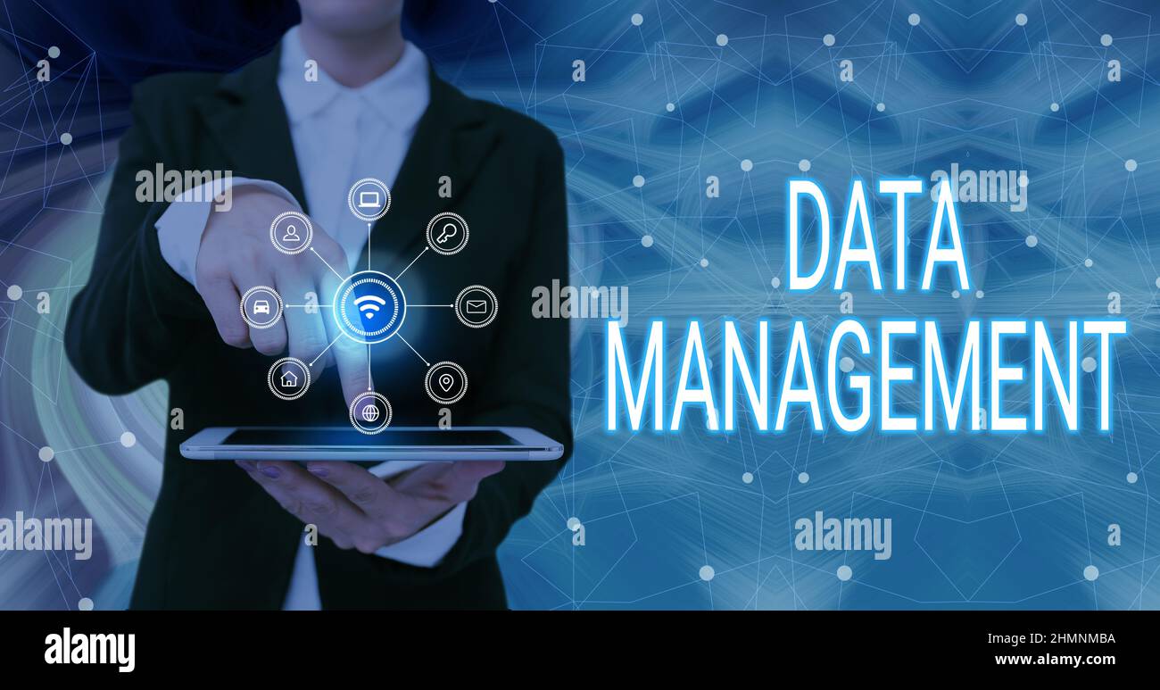 Hand writing sign Data Management. Business showcase The practice of organizing and maintaining ...
