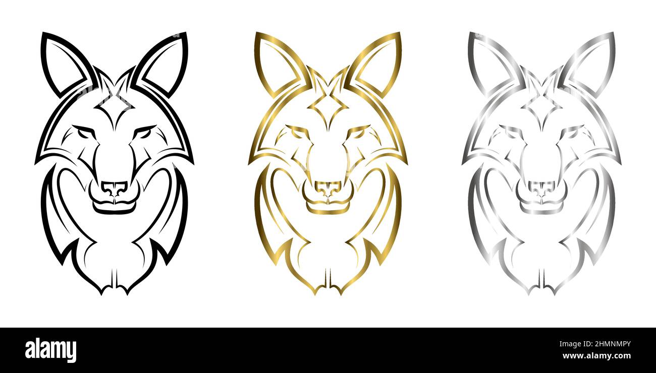 Three color black gold and silver line art of fox head. Good use for ...