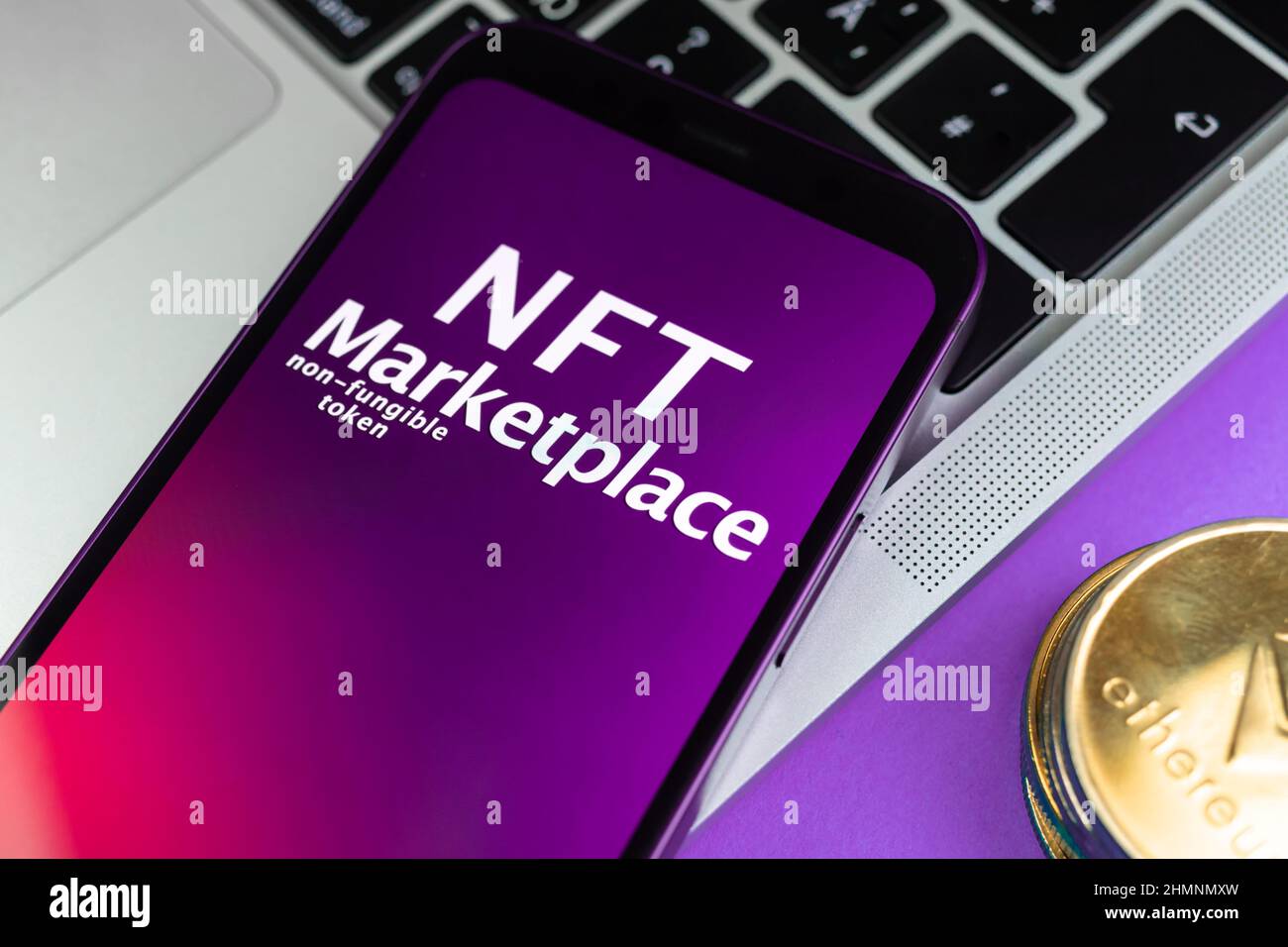 NFT cryptoart marketplace concept. Mobile phone for working with non ...